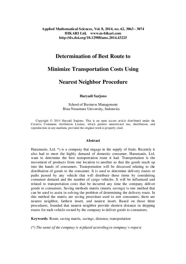 (PDF) Determination of best route to minimize transportation costs ...
