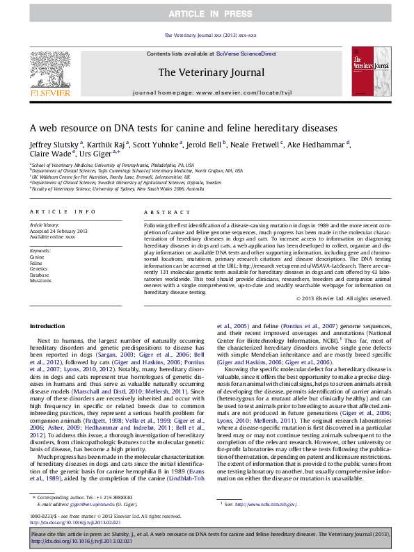 (PDF) A web resource on DNA tests for canine and feline hereditary diseases