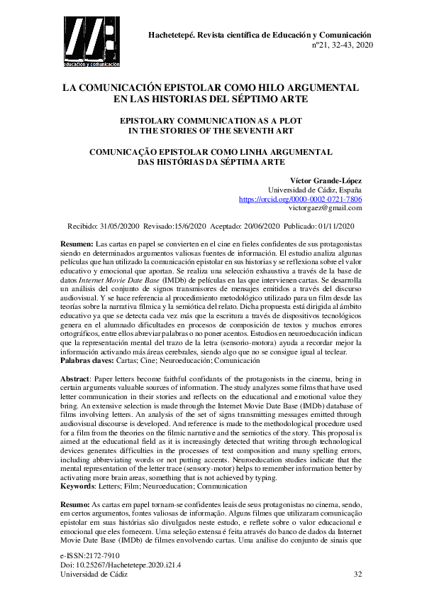 (PDF) La comunicación epistolar como hilo argumental en las historias ...