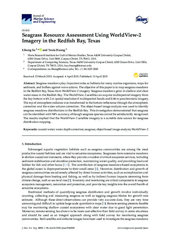 (PDF) Seagrass Resource Assessment Using WorldView-2 Imagery in the Redfish Bay, Texas | Lihong ...