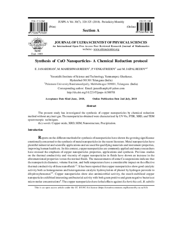 (PDF) Synthesis of CuO Nanoparticles- A Chemical Reduction protocol