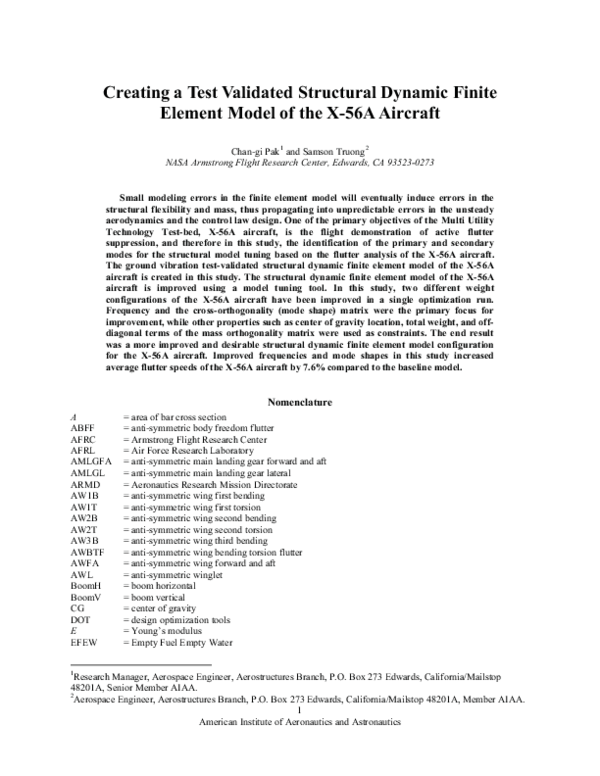 Pdf Creating A Test Validated Structural Dynamic Finite Element Model Of The X 56a Aircraft