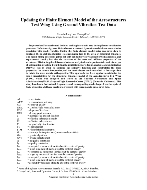 Pdf Updating The Finite Element Model Of The Aerostructures Test Wing