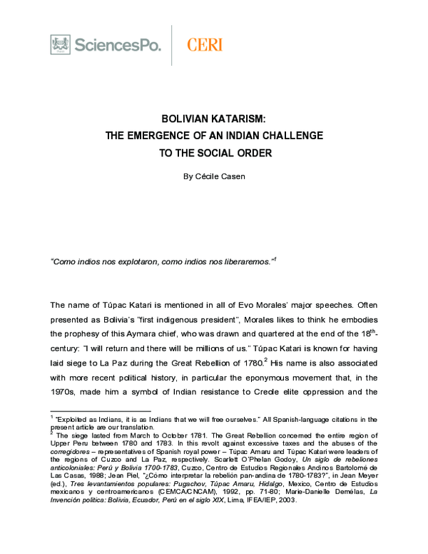 (PDF) Bolivian Katarism: The Emergence of an Indian Challenge to the ...