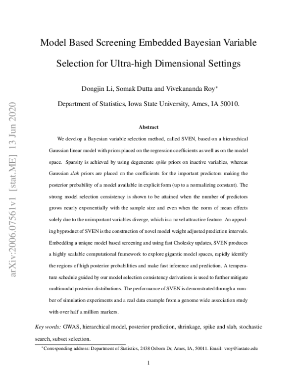Pdf Model Based Screening Embedded Bayesian Variable Selection For Ultra High Dimensional