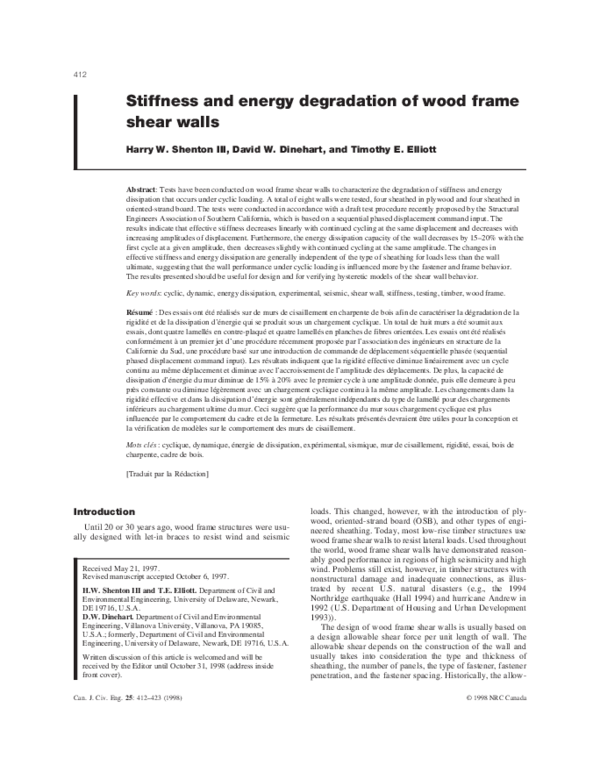 (PDF) Stiffness and energy degradation of wood frame shear walls