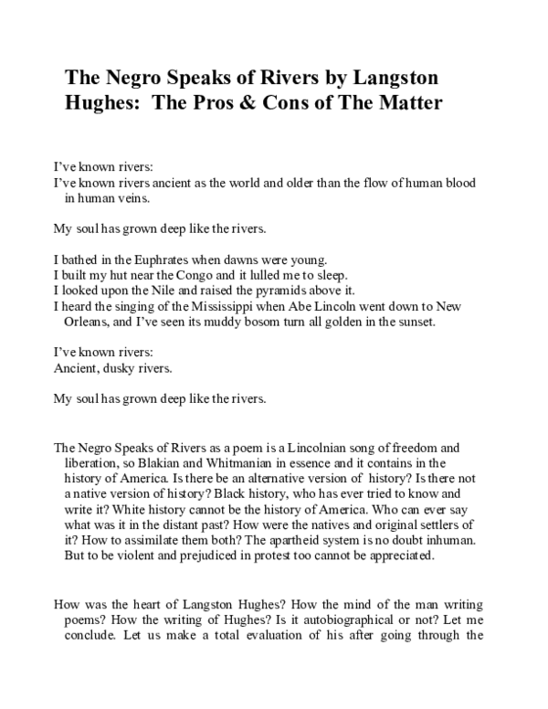 (DOC) The Negro Speaks of Rivers by Langston Hughes: The Pros & Cons of The Matter