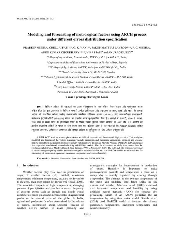 (PDF) Modeling and forecasting of metrological factors using ARCH process under different errors ...