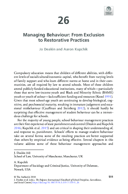 (PDF) Managing Behaviour: From Exclusion to Restorative Practices