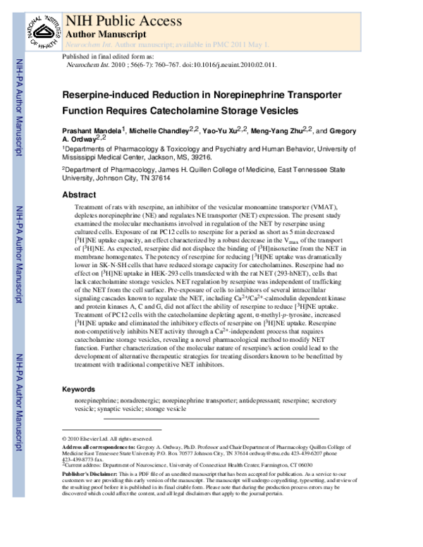 (PDF) Reserpine-induced reduction in norepinephrine transporter ...