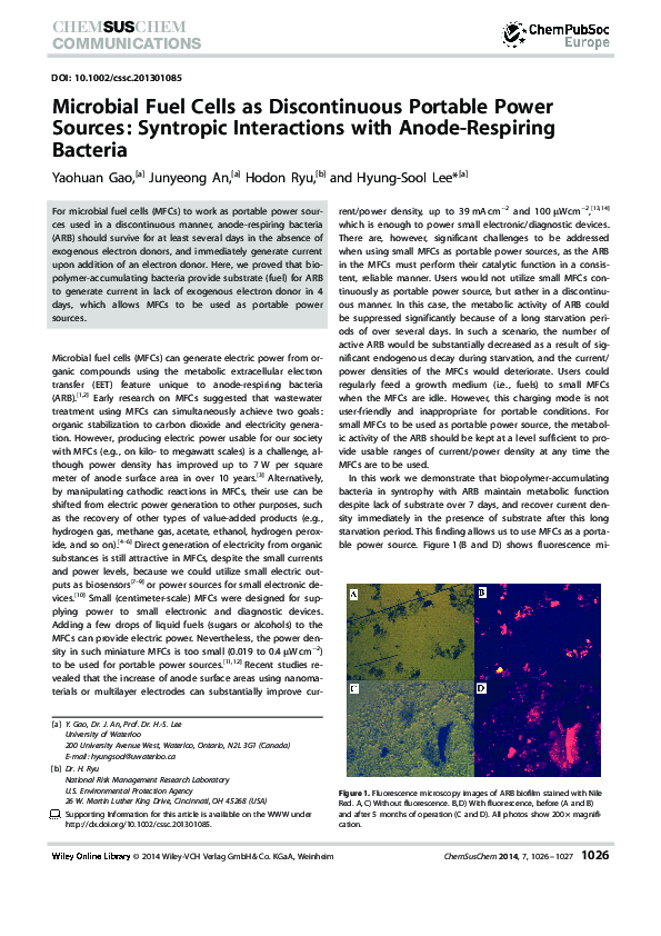 (PDF) Microbial Fuel Cells as Discontinuous Portable Power Sources: Syntropic Interactions with ...