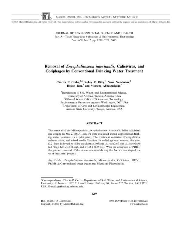 (PDF) Removal ofEncephalitozoonintestinalis, Calicivirus, and ...