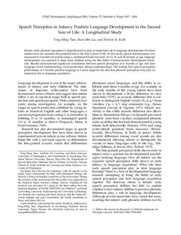(PDF) Speech Perception in Infancy Predicts Language Development in the Second Year of Life: A ...