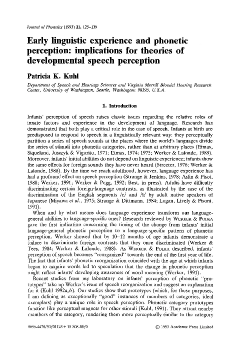 (PDF) Early linguistic experience and phonetic perception: implications for theories of ...
