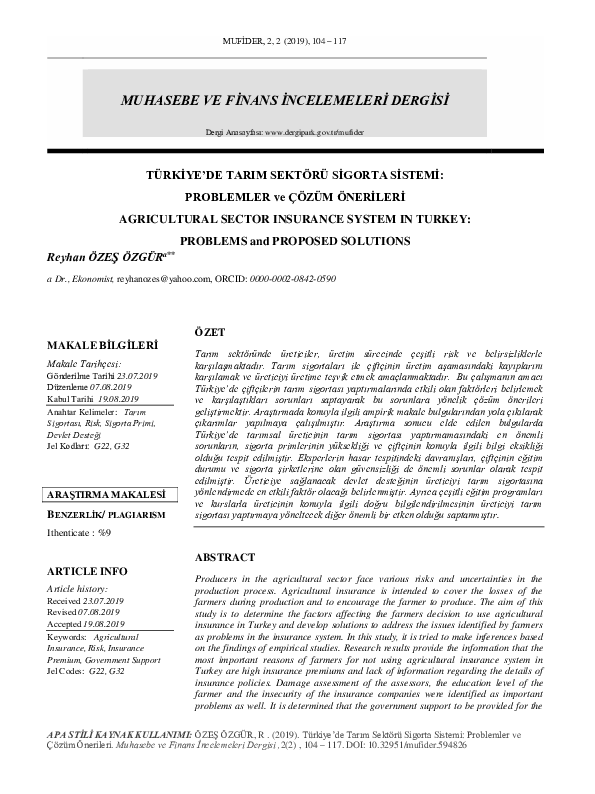 (PDF) TÜRKİYE’DE TARIM SEKTÖRÜ SİGORTA SİSTEMİ: PROBLEMLER ve ÇÖZÜM ...