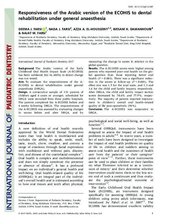 (PDF) A-ECOHIS Responsiveness to Dental Rehab in Kids