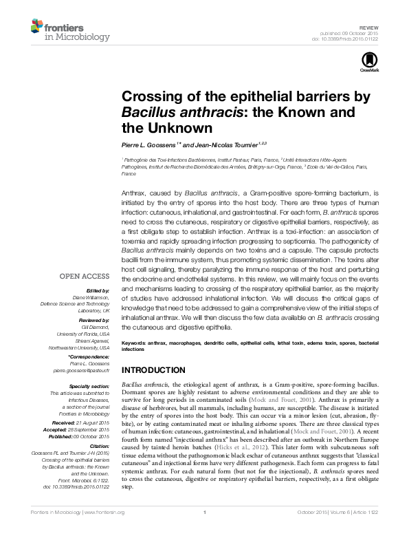 (PDF) Crossing of the epithelial barriers by Bacillus anthracis: the Known and the Unknown
