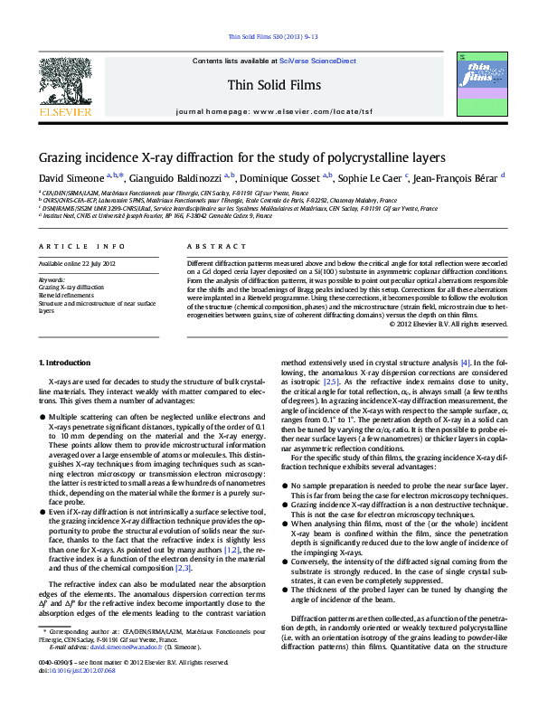 (PDF) Grazing incidence X-ray diffraction for the study of ...