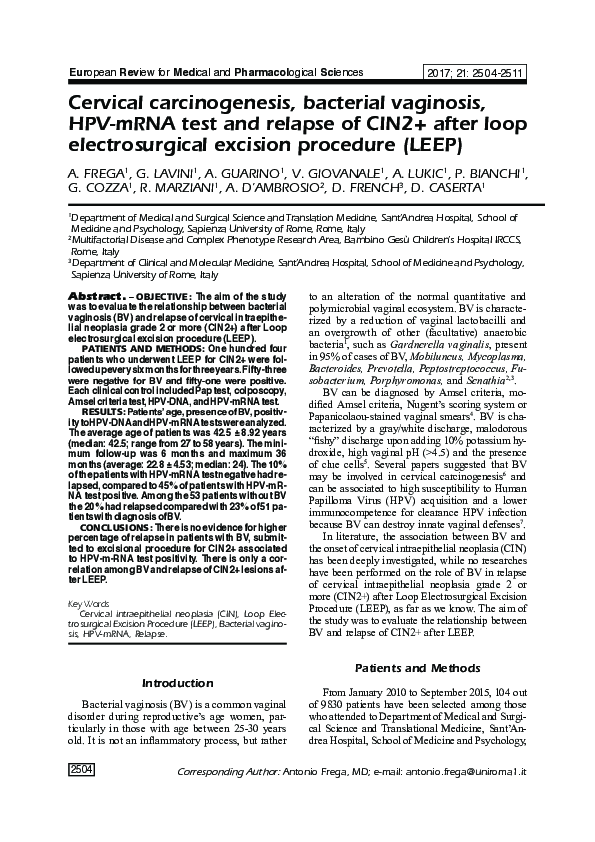 (PDF) Cervical carcinogenesis, bacterial vaginosis, HPV-mRNA test and ...