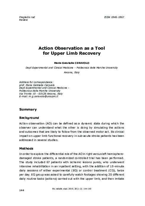 (PDF) Action Observation as a Tool for Upper Limb Recovery