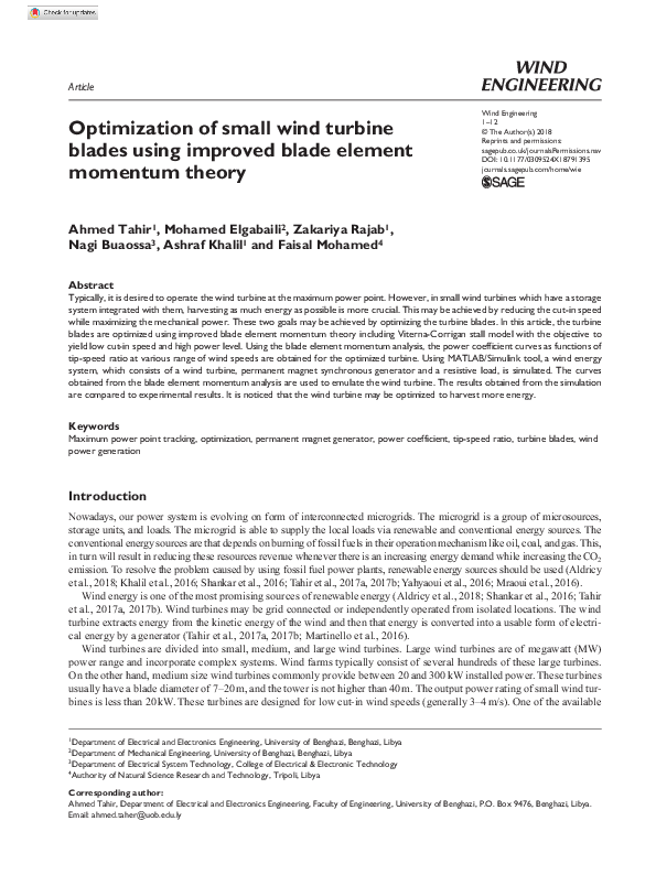 Pdf Optimization Of Small Wind Turbine Blades Using Improved Blade Element Momentum Theory