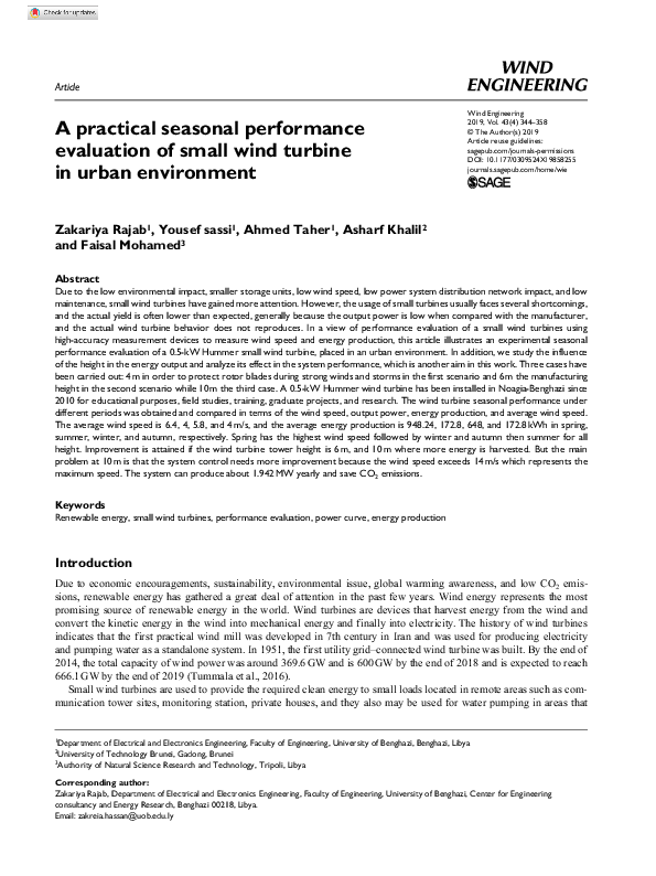 Pdf A Practical Seasonal Performance Evaluation Of Small Wind Turbine In Urban Environment