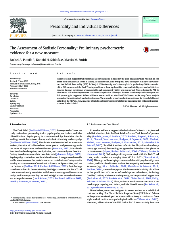 (PDF) The Assessment of Sadistic Personality: Preliminary psychometric ...