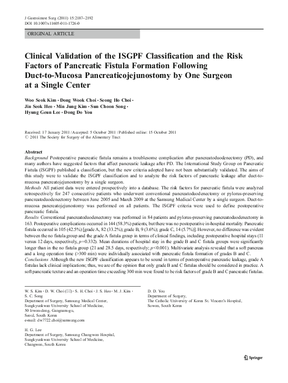 (PDF) Clinical Validation of the ISGPF Classification and the Risk ...