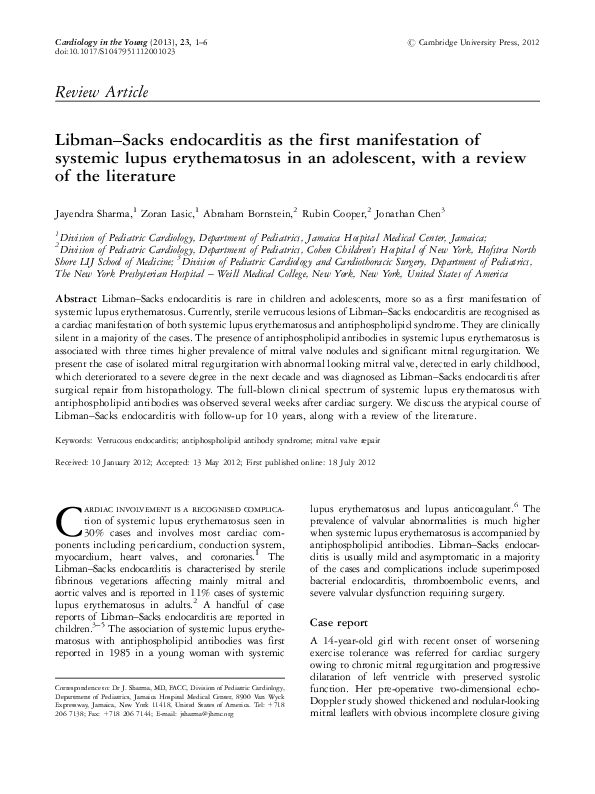 (PDF) Libman–Sacks endocarditis as the first manifestation of systemic ...