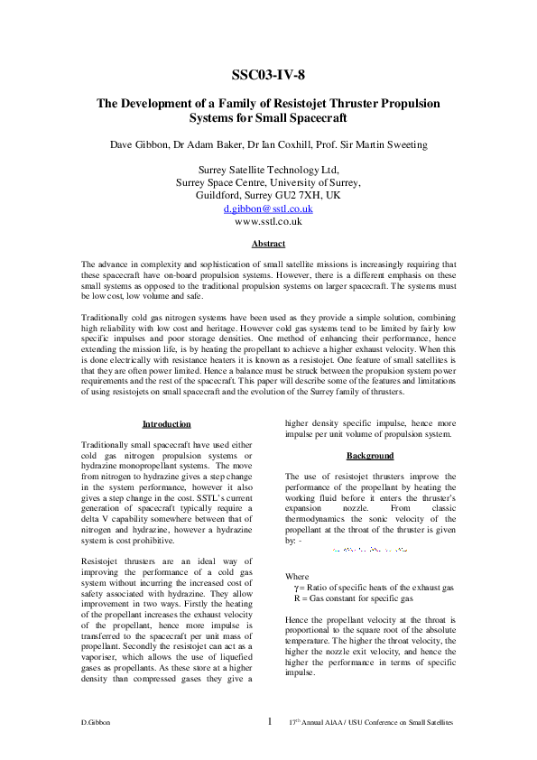 The Development of a Family of Resistojet Thruster Propulsion Systems ...