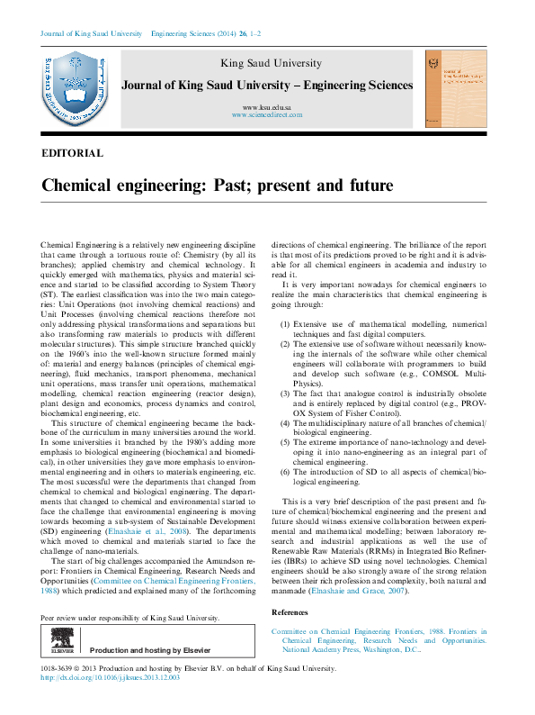 (PDF) Chemical engineering: Past; present and future