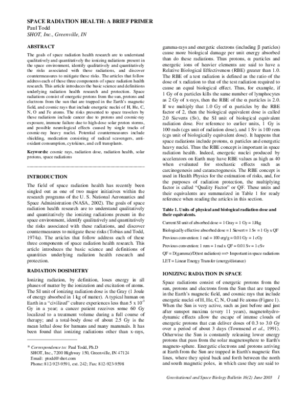 (PDF) Space radiation health: a brief primer | Paul Todd - Academia.edu