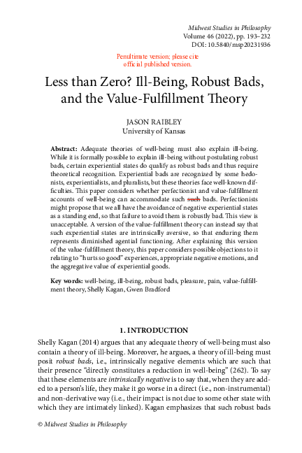 (PDF) Less than Zero? Ill-Being, Robust Bads, and the Value-Fulfillment ...