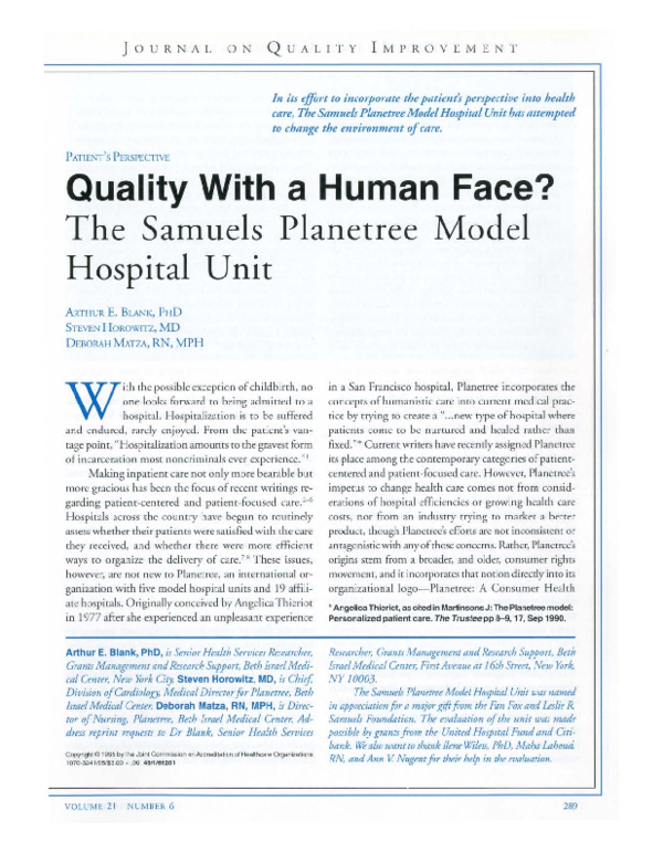 (PDF) Quality With a Human Face? The Samuels Planetree Model Hospital Unit