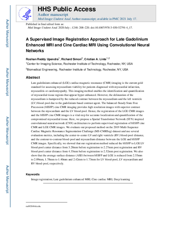 Pdf A Supervised Image Registration Approach For Late Gadolinium Enhanced Mri And Cine Cardiac