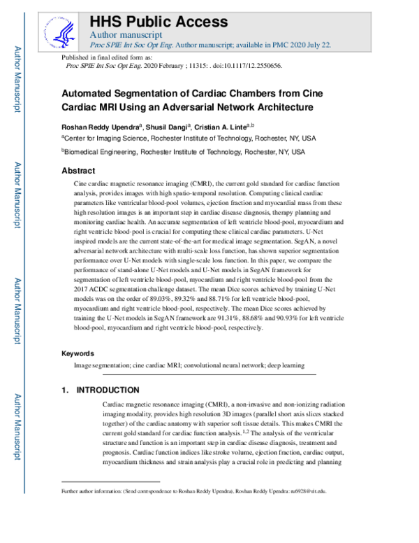 Pdf Automated Segmentation Of Cardiac Chambers From Cine Cardiac Mri Using An Adversarial