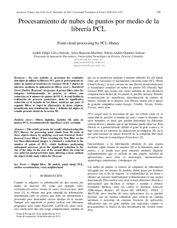 (PDF) Procesamiento de nubes de puntos por medio de la librería PCL Point cloud processing by ...