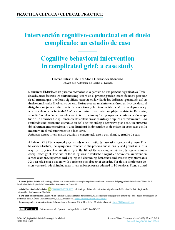 (PDF) Intervención cognitivo-conductual en el duelo complicado: un estudio de caso