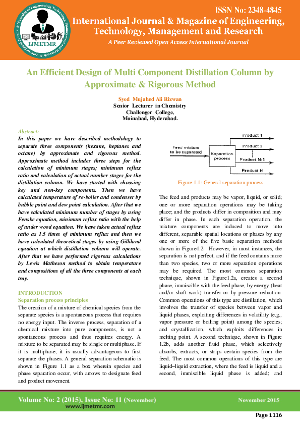 (PDF) An Efficient Design of Multi Component Distillation Column by Approximate & Rigorous Method