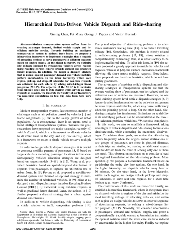 (PDF) Hierarchical data-driven vehicle dispatch and ride-sharing