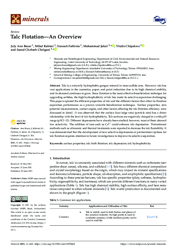 (PDF) Talc Flotation-An Overview