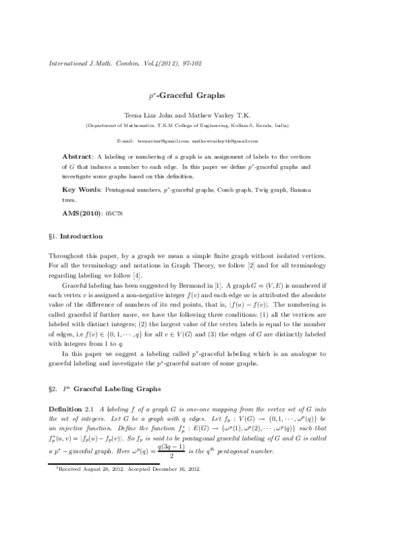 (PDF) P*-Graceful Graphs | MATHEW VARKEY 190237 - Academia.edu