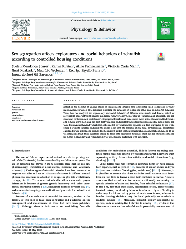 (PDF) Sex segregation affects exploratory and social behaviors of zebrafish according to ...