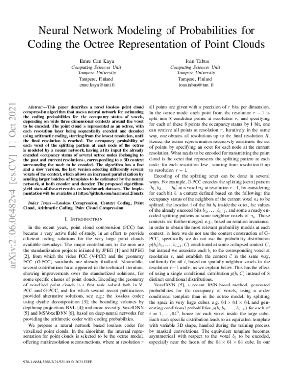 (PDF) Neural Network Modeling of Probabilities for Coding the Octree Representation of Point Clouds