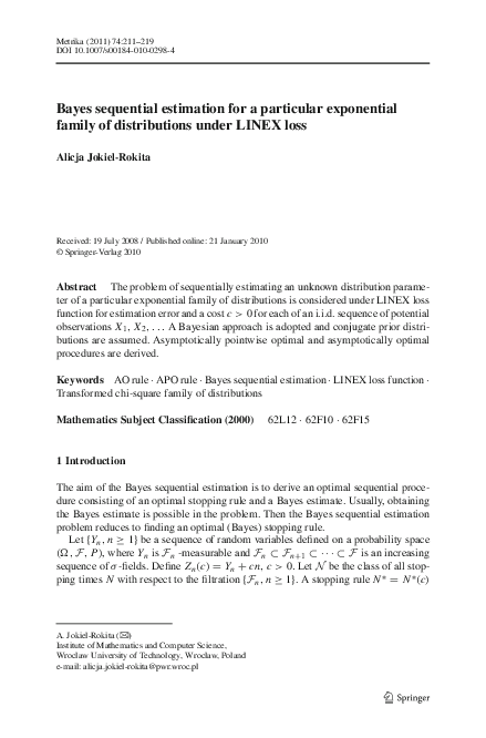 (PDF) Bayes sequential estimation for a particular exponential family of distributions under ...