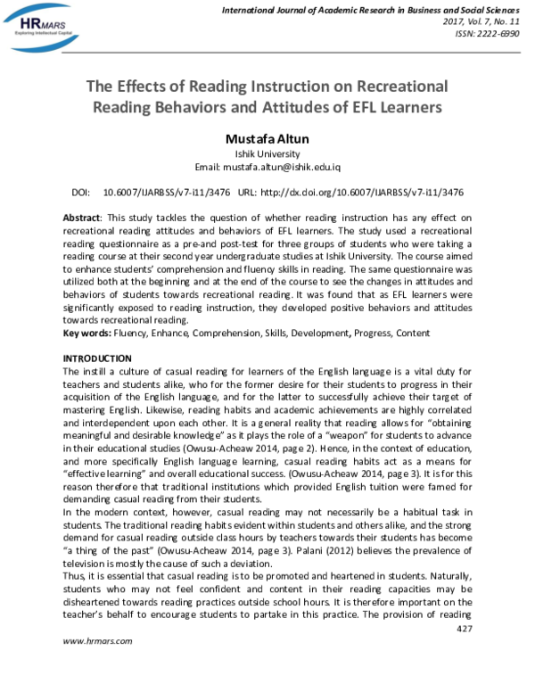 (PDF) The Effects of Reading Instruction on Recreational Reading Behaviors and Attitudes of EFL ...