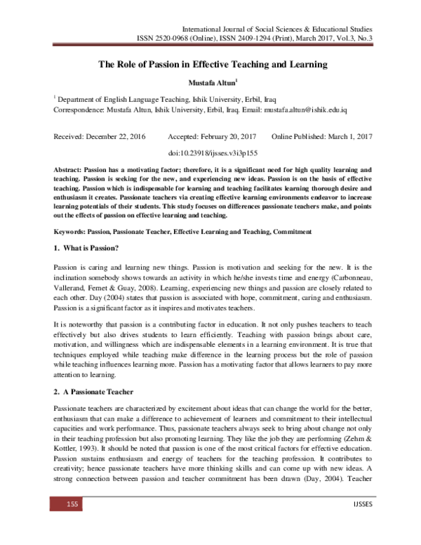 (PDF) The Role of Passion in Effective Teaching and Learning
