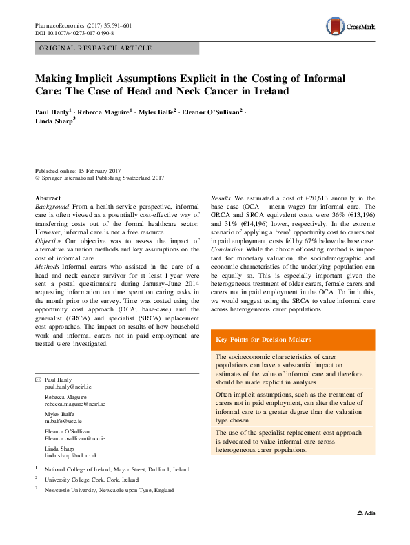 (PDF) Making Implicit Assumptions Explicit in the Costing of Informal Care: The Case of Head and ...