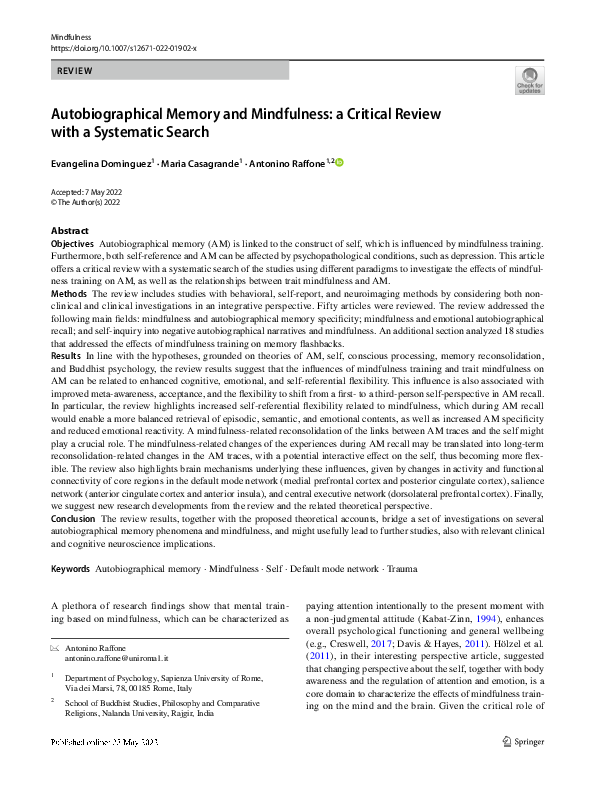(PDF) Autobiographical Memory and Mindfulness: a Critical Review with a ...