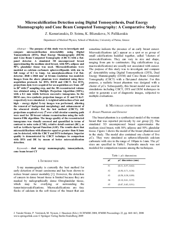 (PDF) Microcalcification Detection using Digital Tomosynthesis, Dual Energy Mammography and Cone ...